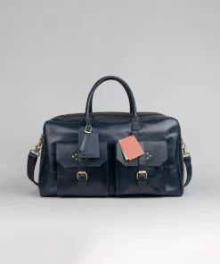 Men’s Navy Blue Leather Front Pockets Duffle Bag - The Leather City